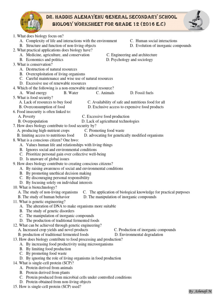 Biology Worksheet For Grade 12 2016 - 231115 - 210752 | PDF | Yeast ...