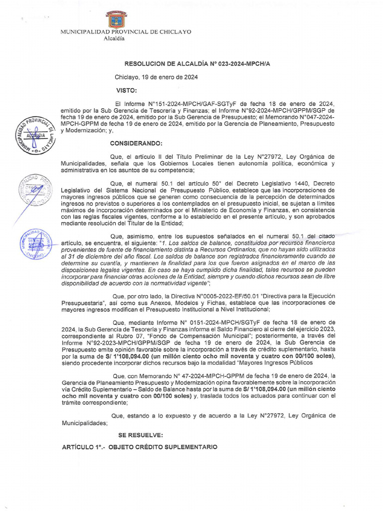 Resolución de Alcaldía N°023-2024-Mpch-A | PDF
