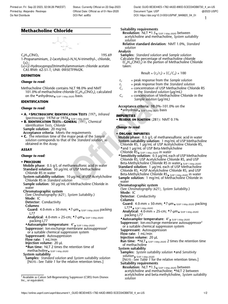 USP43 Methacholine Chloride | PDF | Chromatography | Chemistry