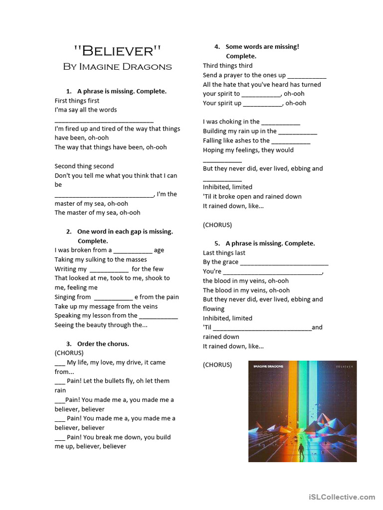 Song Worksheet - Imagine Dragons - Believer | PDF