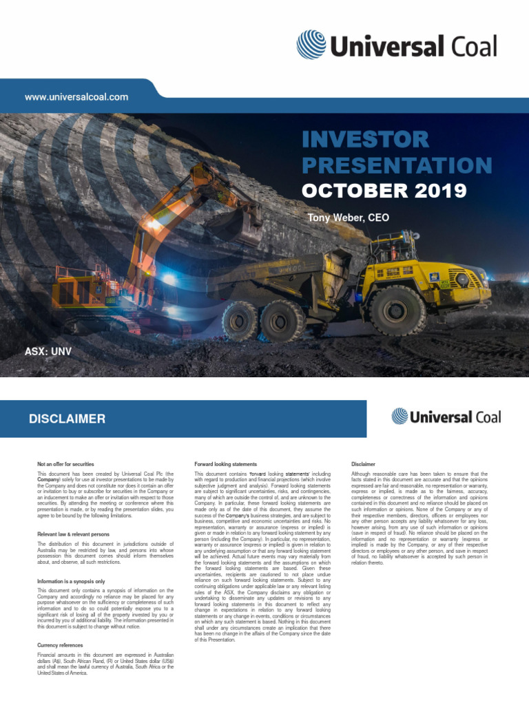 Universal Coal Investor Presentation 2019 | PDF | Coal Mining | Mining