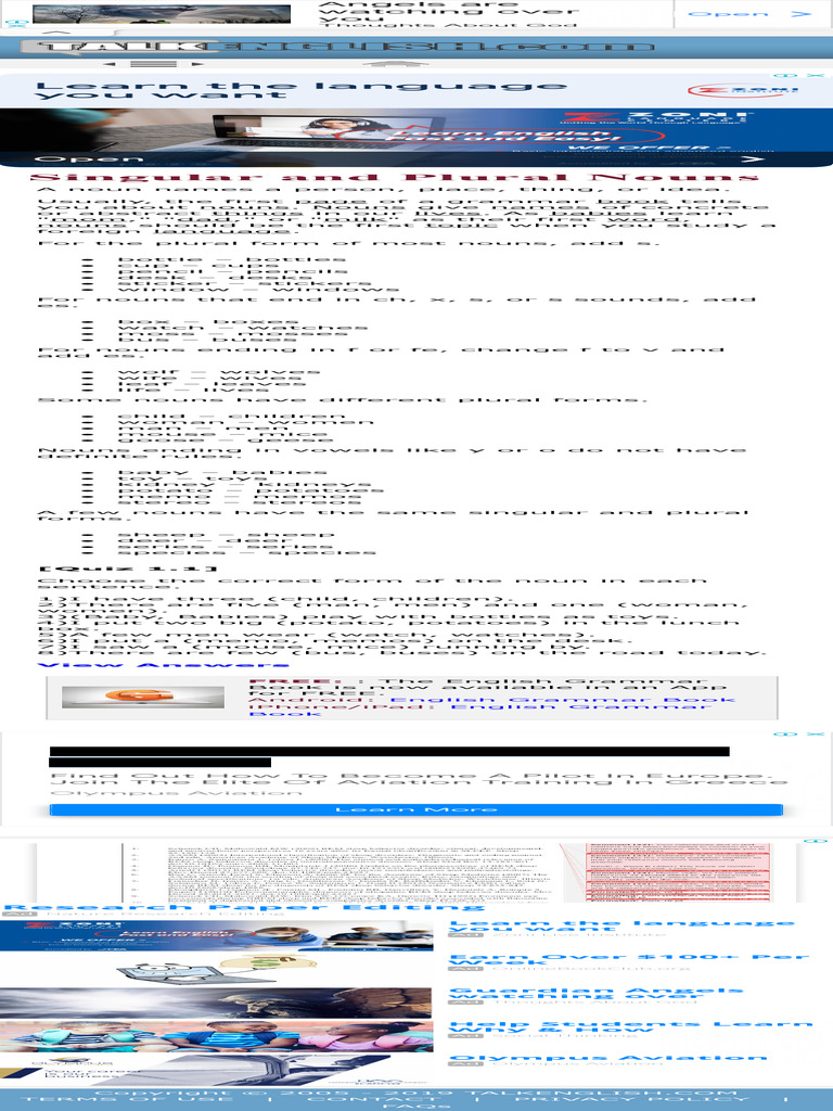 Singular And Plural Nouns Basic English Grammar Pdf Plural Noun