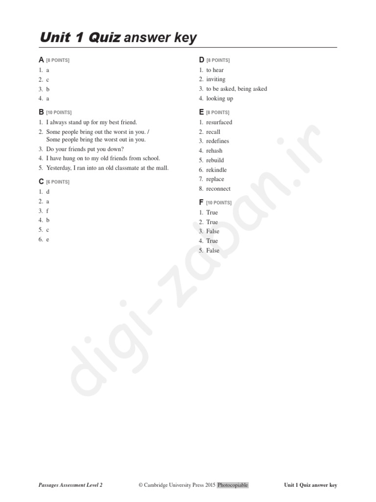 Unit 1 Quiz Answer Key | PDF