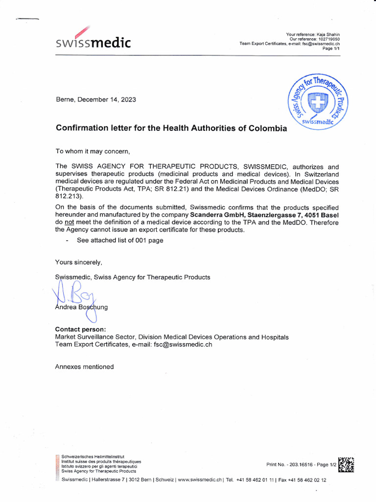 Swissmedic Colombia Medical Device | PDF