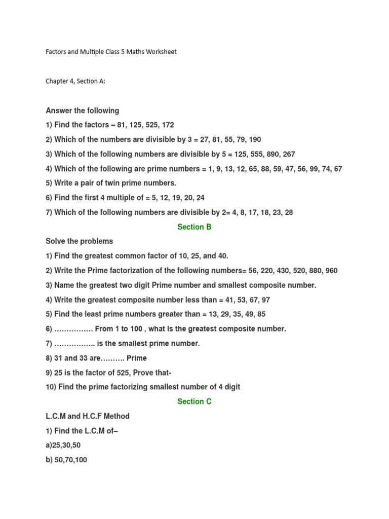 Factors and Multiple Class 5 Maths Worksheet Netexplanations - Com ...