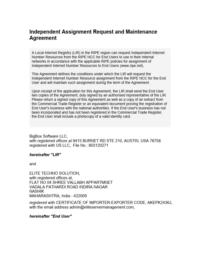 Independent Assignment Request and Maintenance Agreement | PDF ...