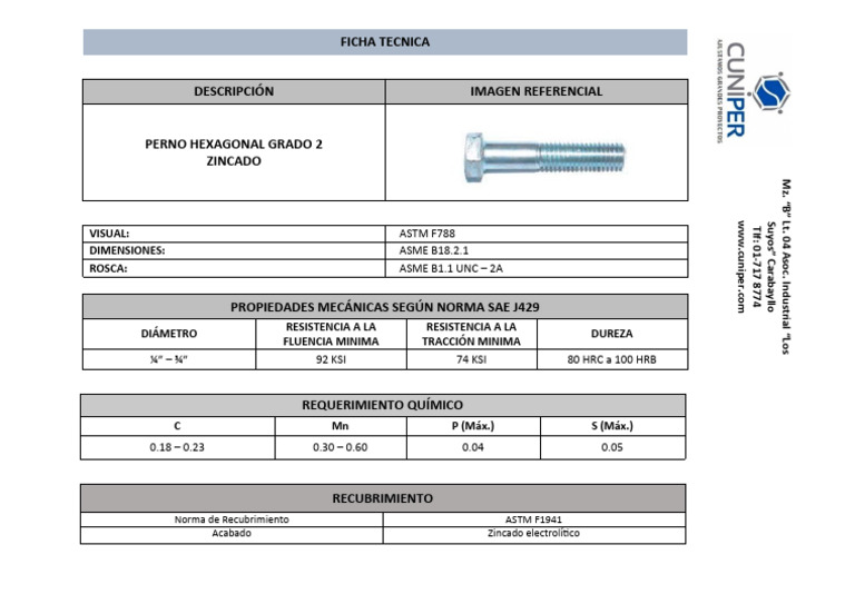 Perno Hexagonal Zincado Grado 2 | PDF