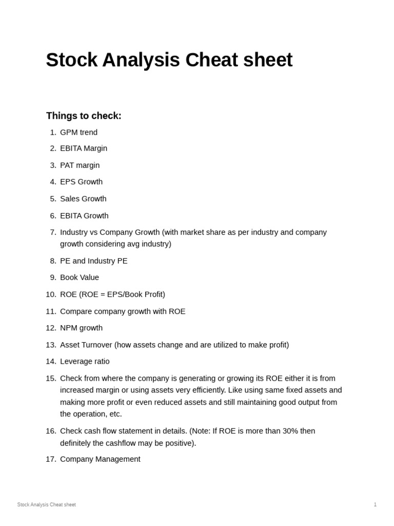 Stock Analysis Cheat Sheet | PDF | Stocks | Franchising