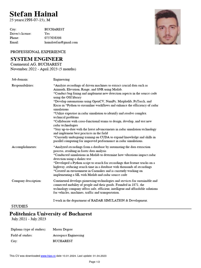 CV Hainal Stefan 10-01-2024 | PDF | Simulation | Automation