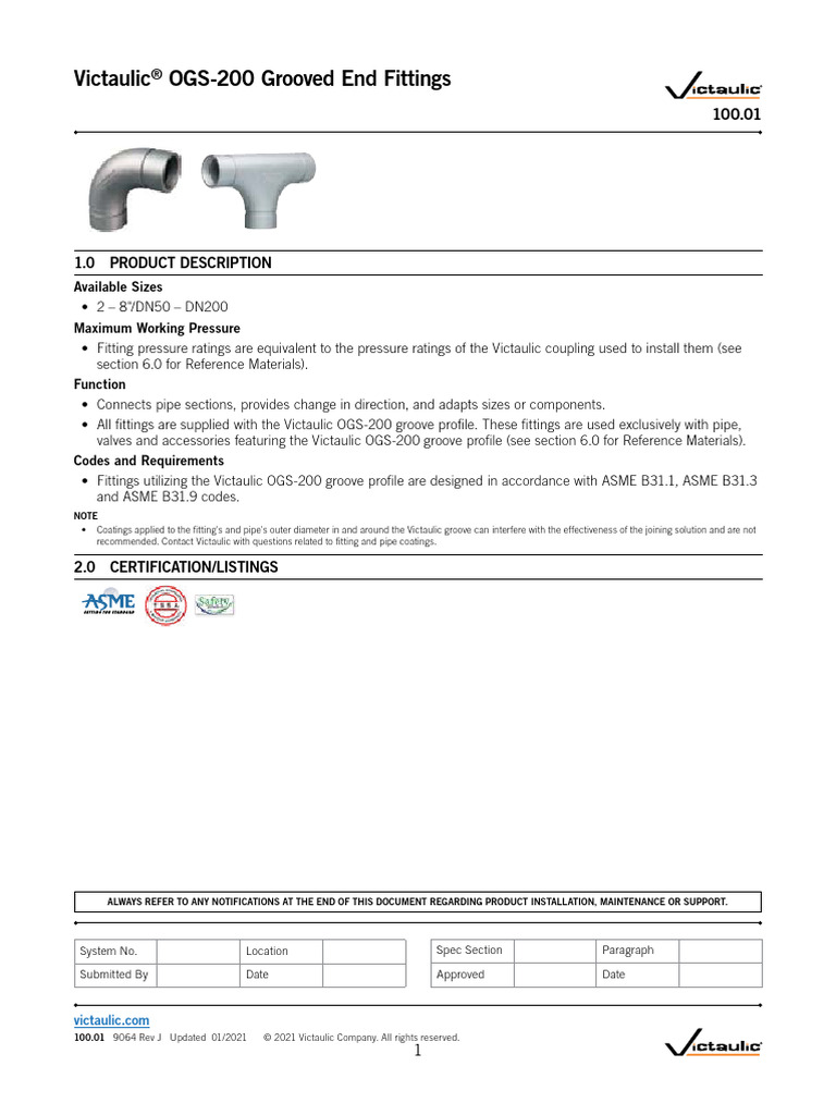 Victaulic OGS-200 Grooved End Fittings: 1.0 Product Description | PDF ...