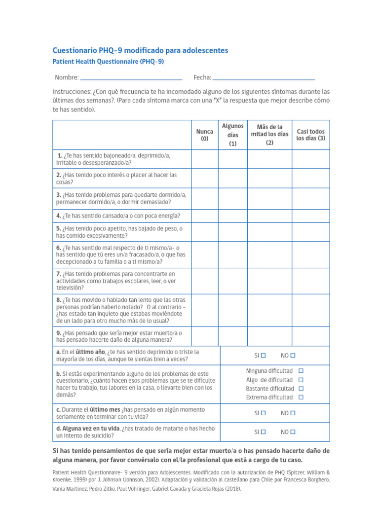 Cuestionario PHQ-9 para Adolescentes | PDF