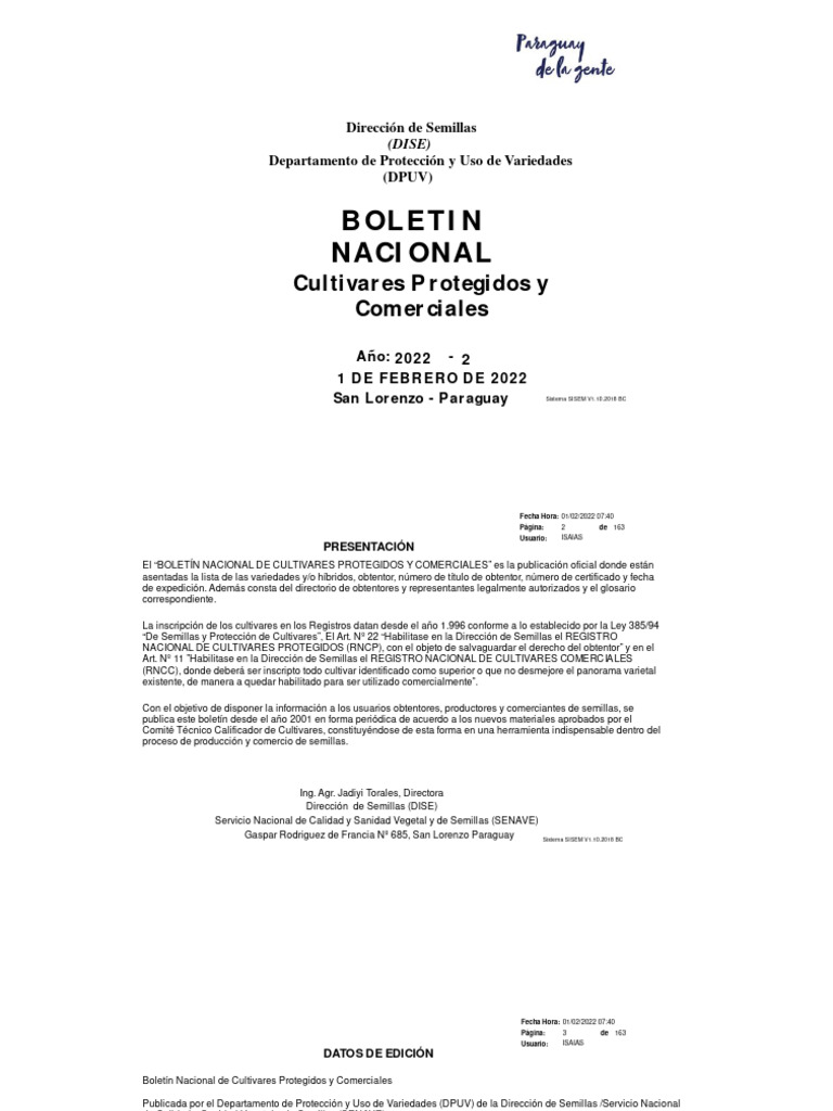 Boletin Nacional Cultivares Protegidos y Comerciales 2022 Febrero | PDF ...