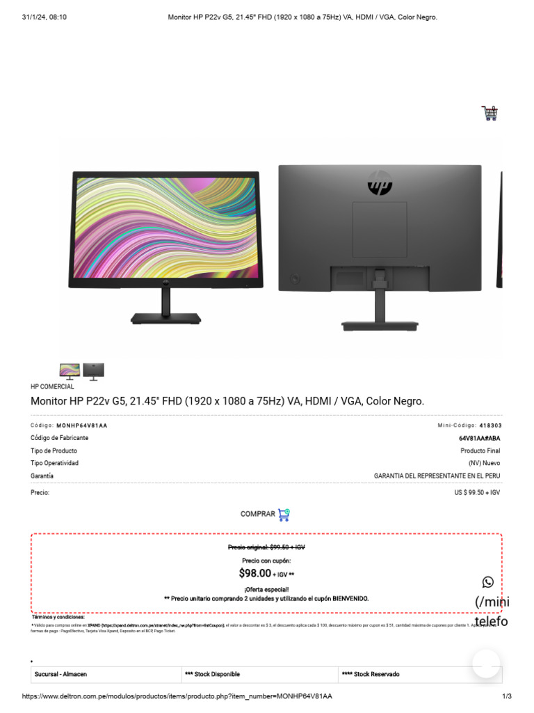 Monitor HP P22v G5, 21.45 - FHD (1920 X 1080 A 75Hz) VA, HDMI - VGA ...