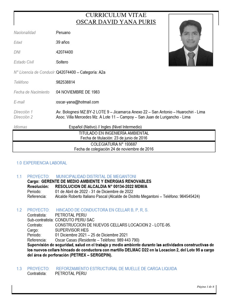 CV Oscar Yana | PDF | Residuos | Entorno natural