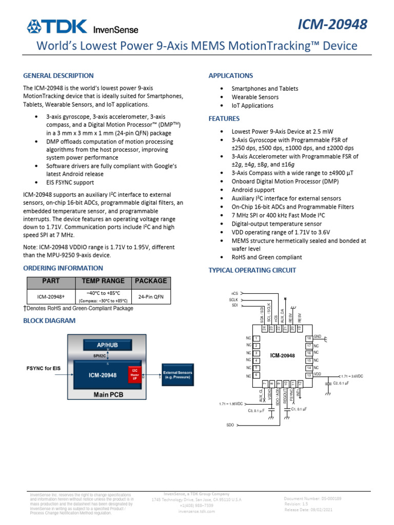 DS 000189 ICM 20948 v1.5 | PDF | System On A Chip | Analog To Digital ...