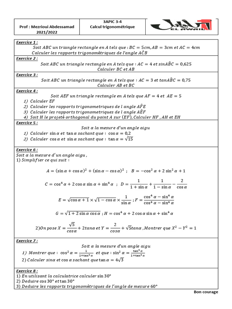Trigonometrie Serie Dexercices Maths 3AC PDF 6 | PDF