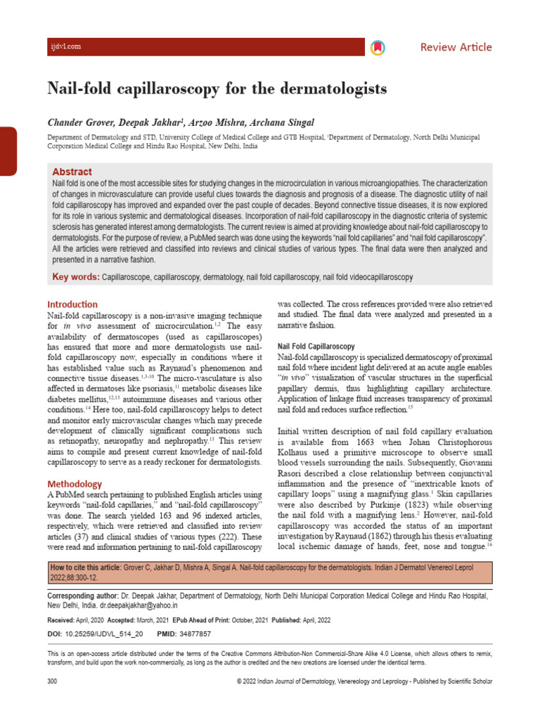 Nail-Fold Capillaroscopy For The Dermatologists | PDF