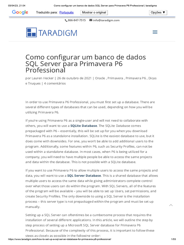 Como Configurar Um Banco de Dados SQL Server para Primavera P6 Professional - Taradigma | PDF