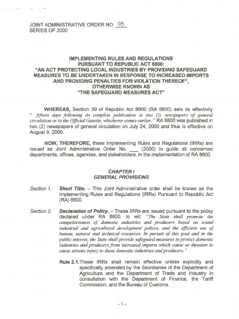 IRR RA+8800+ (Safeguards) | PDF | Tariff | Business