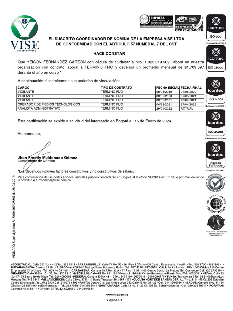 Certificación Laboral Vise LTDA 2024 | PDF