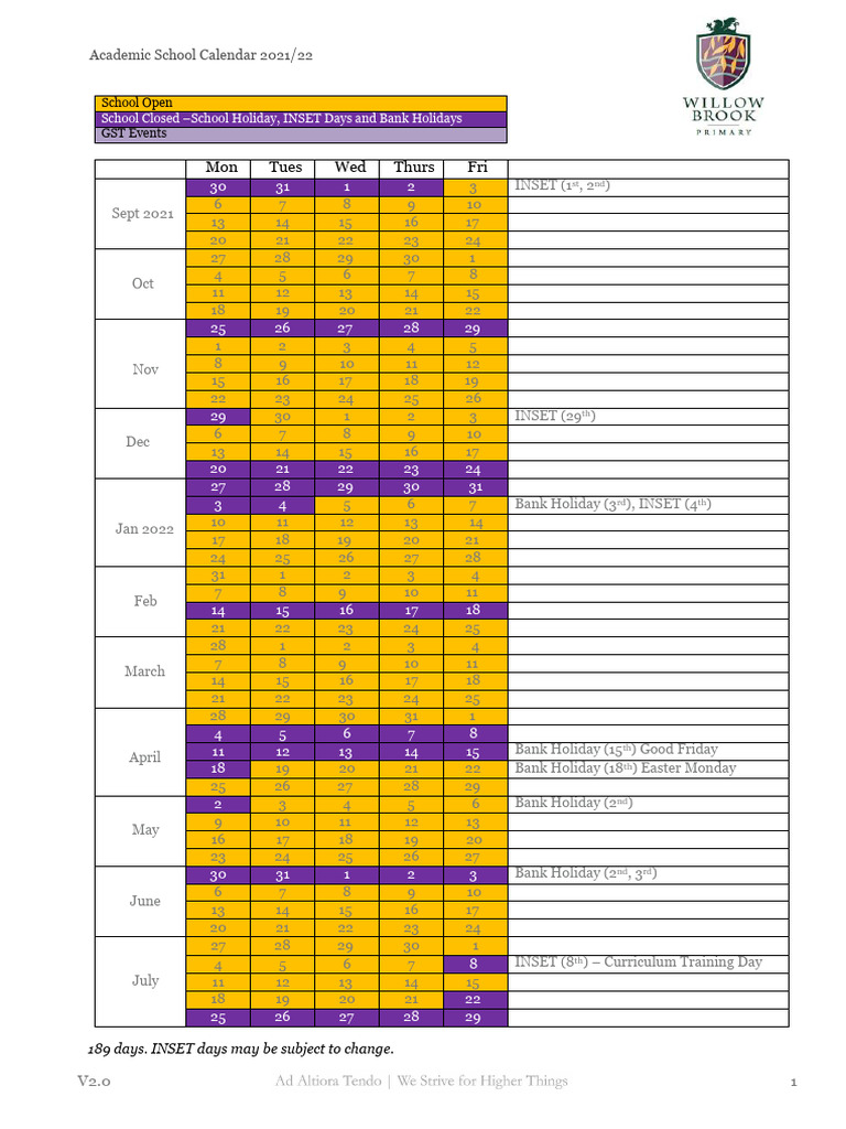 2021/22 Academic School Calendar | PDF