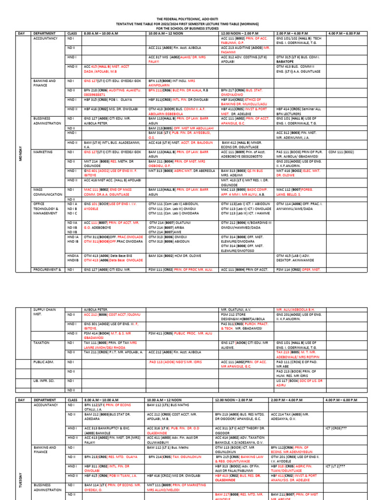 T19tentative Time Table For 2023 2024 First Semester Lecture Time Table (Morning) | PDF