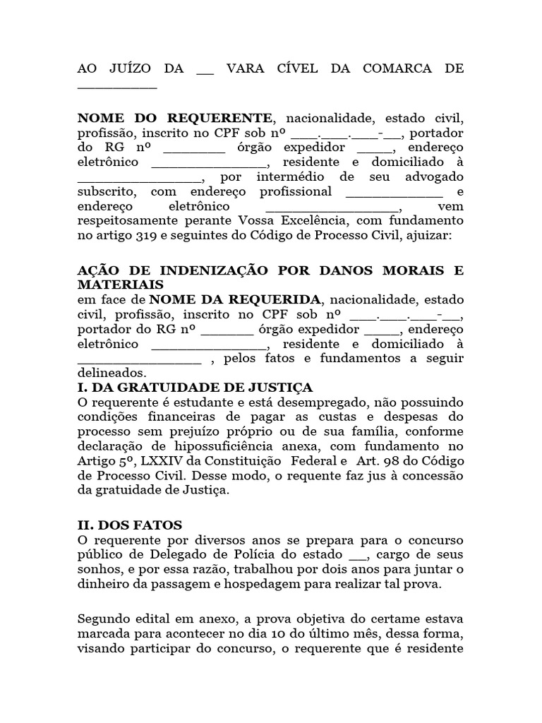 Modelo de Petição Inicial - Danos Materiais e Danos Morais | PDF ...