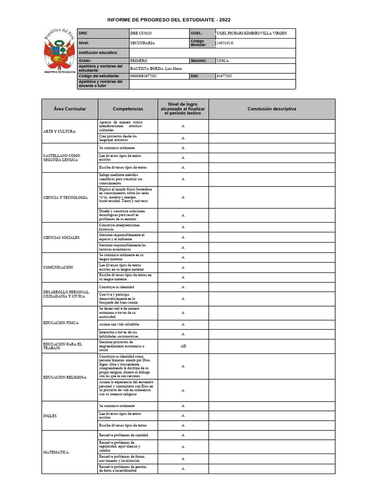 Libreta - Secundaria - Notas Finales | PDF