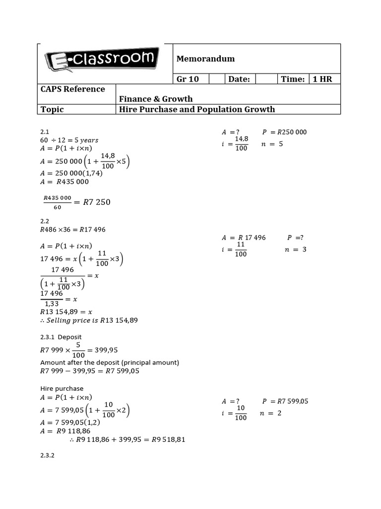 gr10t3 Financial Mathematics Hire Purchase Population Growth Memo | PDF ...