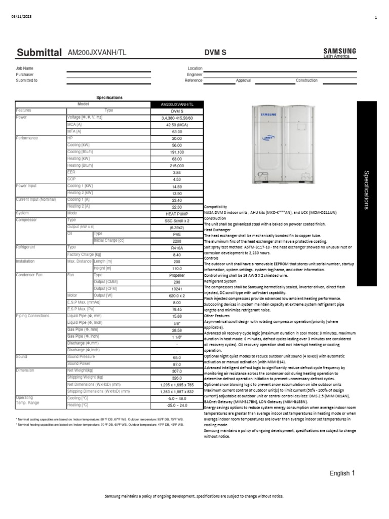 Samsung DVM S Heat Pump Specs | PDF | Electrical Engineering | Physical ...