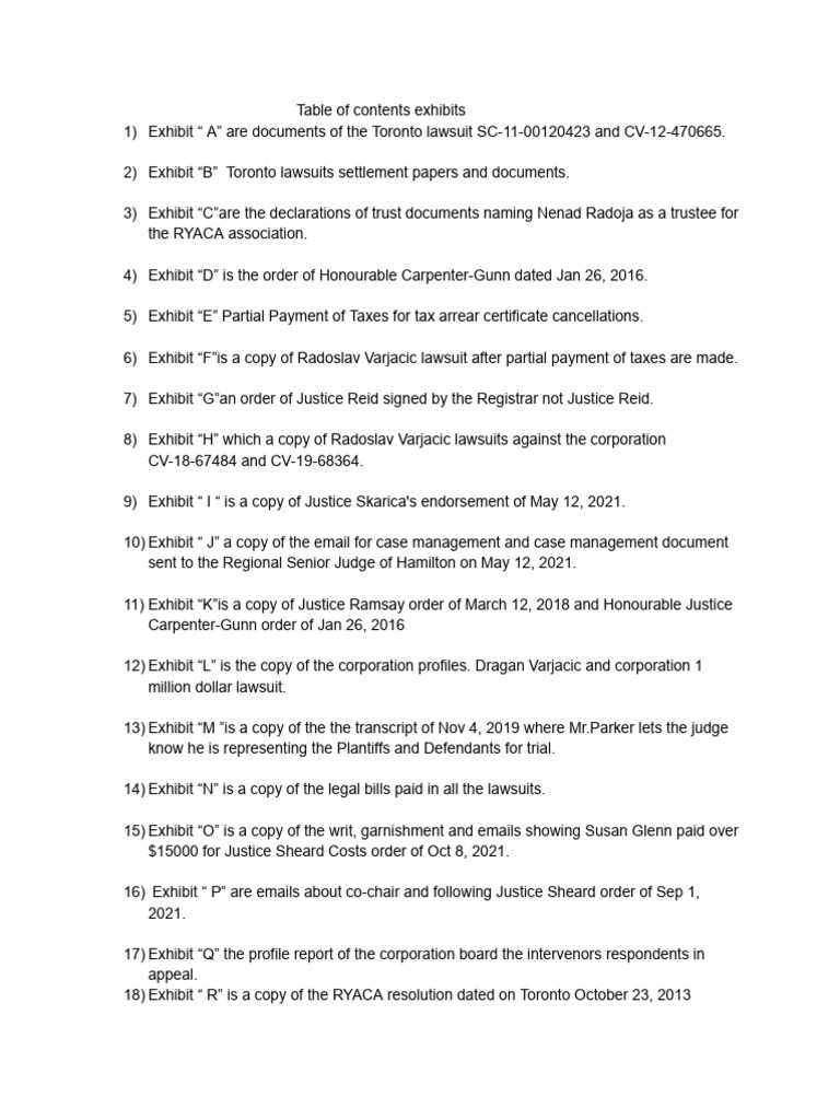 Exhibit Table of Contents Summary | PDF | Social Science | Law