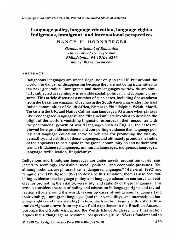 HORNBERGER (1998) - Language Policy, Language Aducation, Language ...