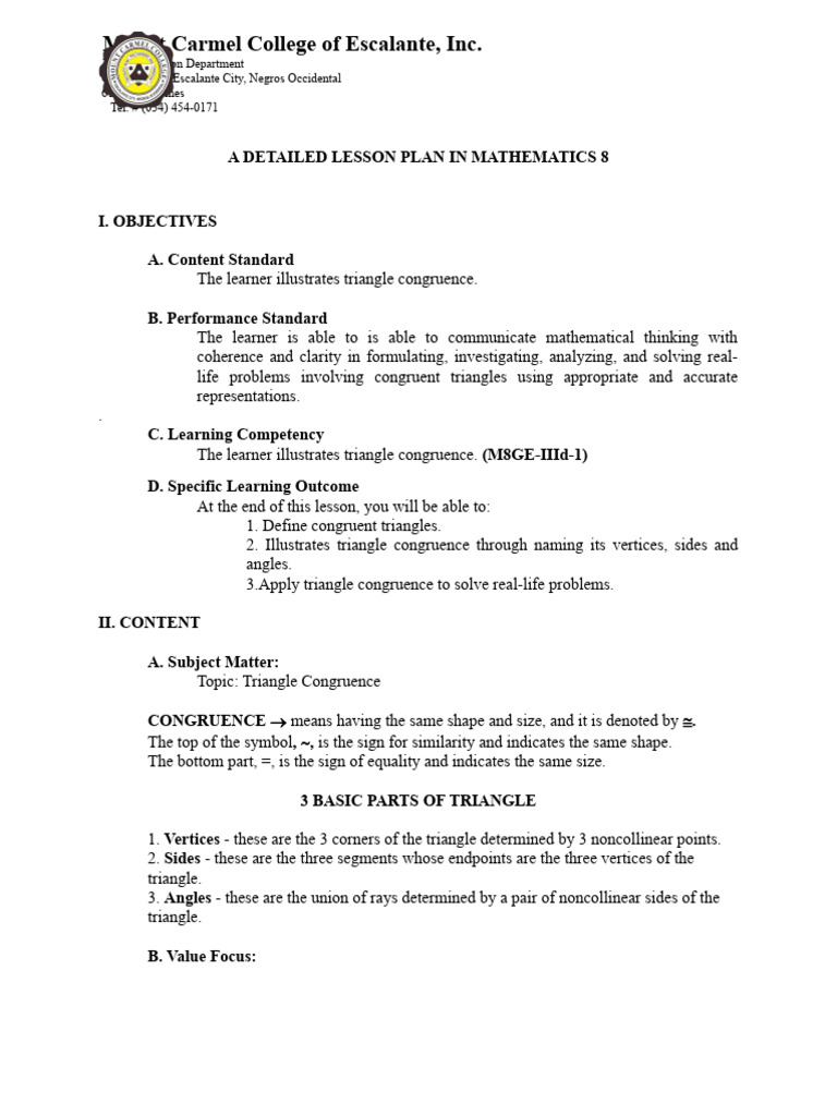 A Detailed Lesson Plan In Geometry In Mathematis 8 Pdf