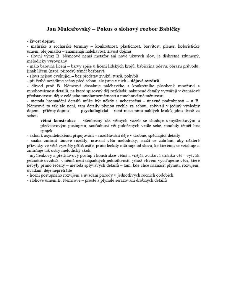 Resume Jan Mukarovsky Pokus o Slohovy Rozbor Babicky | PDF