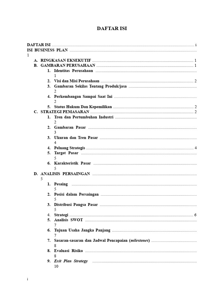 Daftar Isi Business Plan | PDF | Karier & Perkembangan | Bisnis