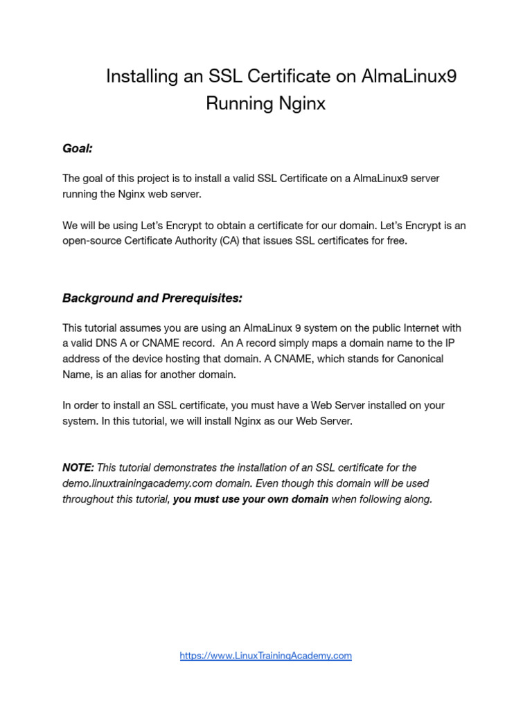 Installing An Ssl Certificate On Almalinux9 Running Nginx Pdf Public Key Certificate