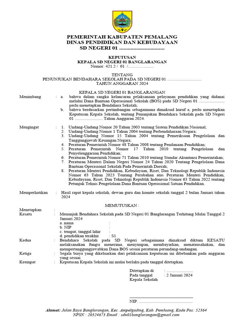 Contoh SK Bendahara Sekolah SD 2024 | PDF