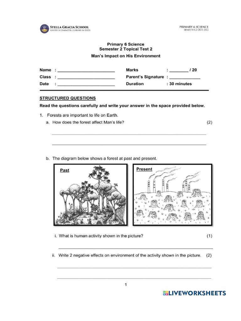 SGS P6 Science Semester 2 Topical Test 2 Man's Impact On His ...
