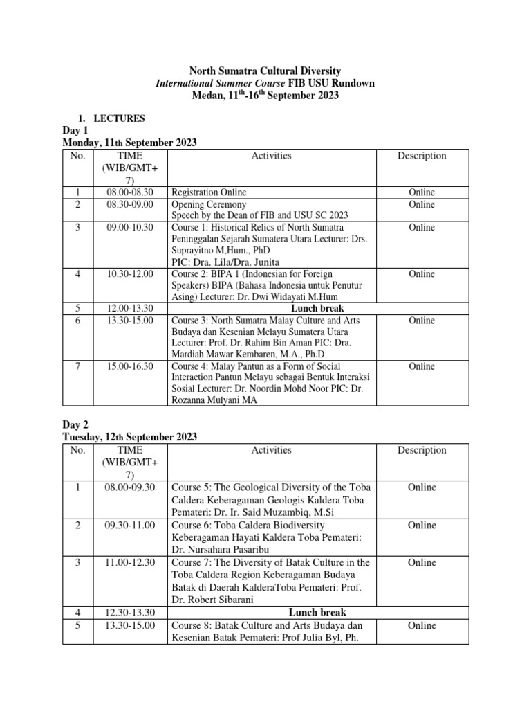 Tentative Rundown Summer Course Cultural Sciences Faculty 2023 | PDF | Southeast Asia | Indonesia