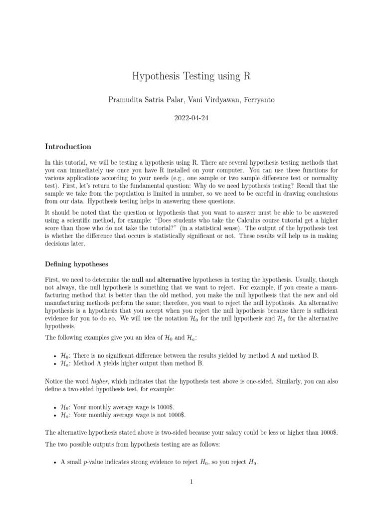 Module 3 Hypothesis Testing Using R | PDF | Hypothesis | Statistical ...