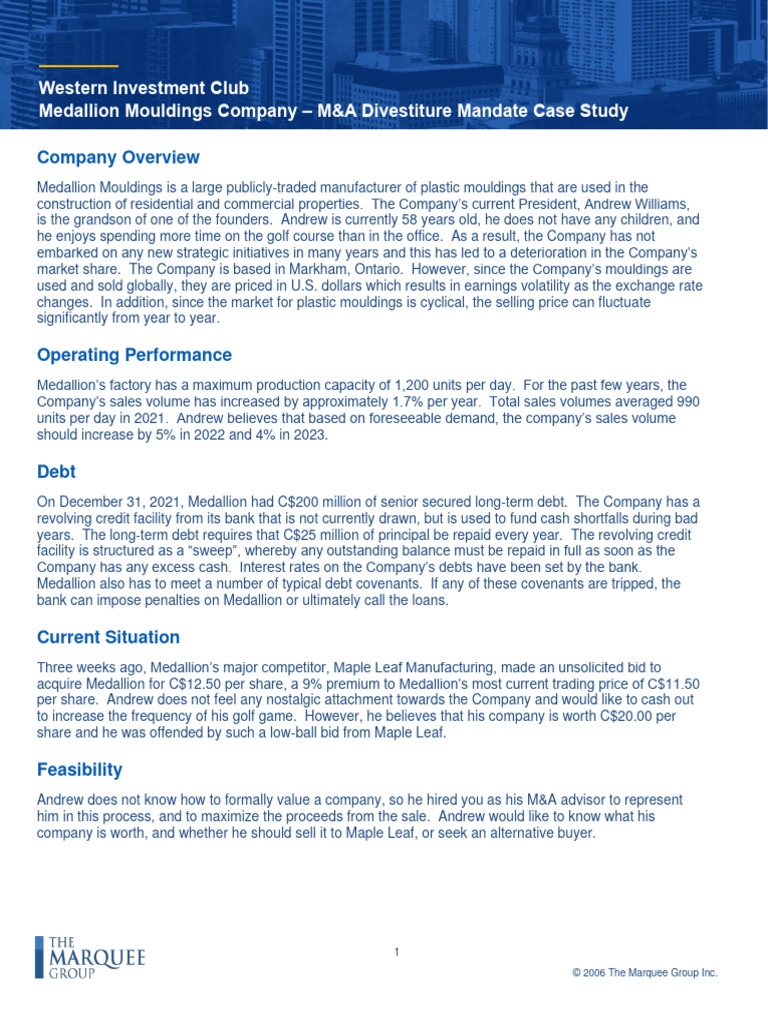 Marquee - Medallion Case Study | PDF | Debt | Mergers And Acquisitions