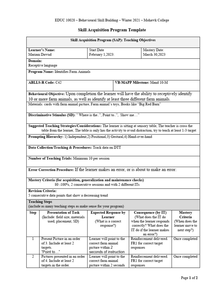 Skill Acquisition Program Template-2 | PDF