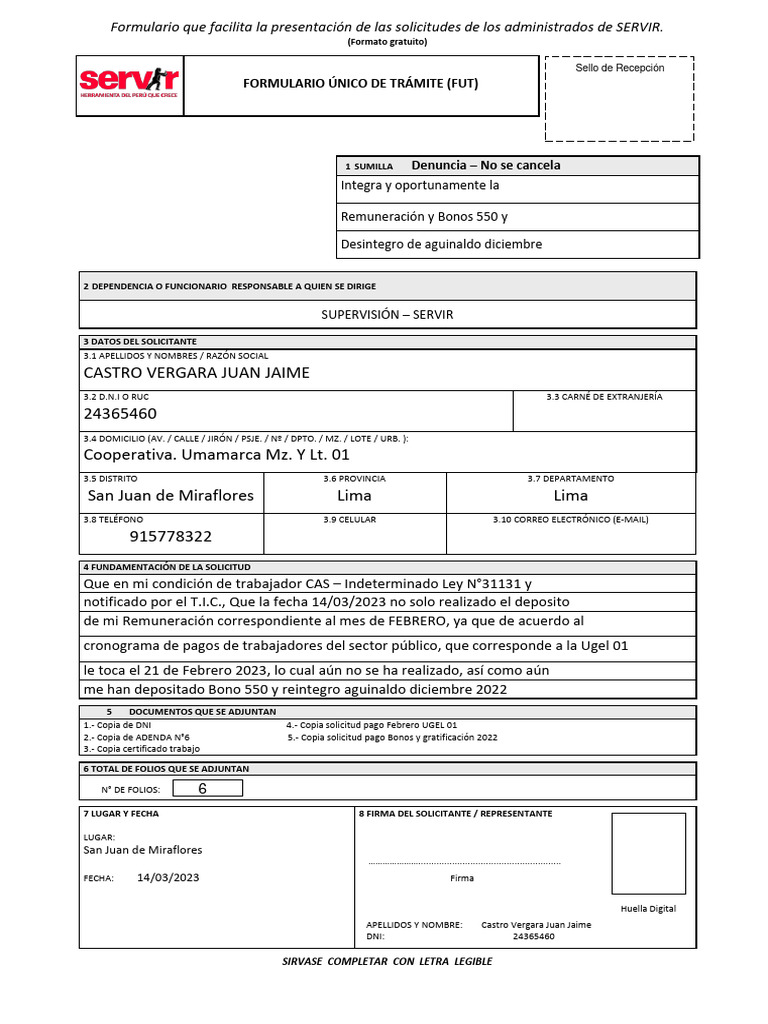 FUT Formulario Unico de Tramite SERVIR | PDF | Servicio Civil FUT Formulario Unico de Tramite SERVIR | PDF | Servicio Civil