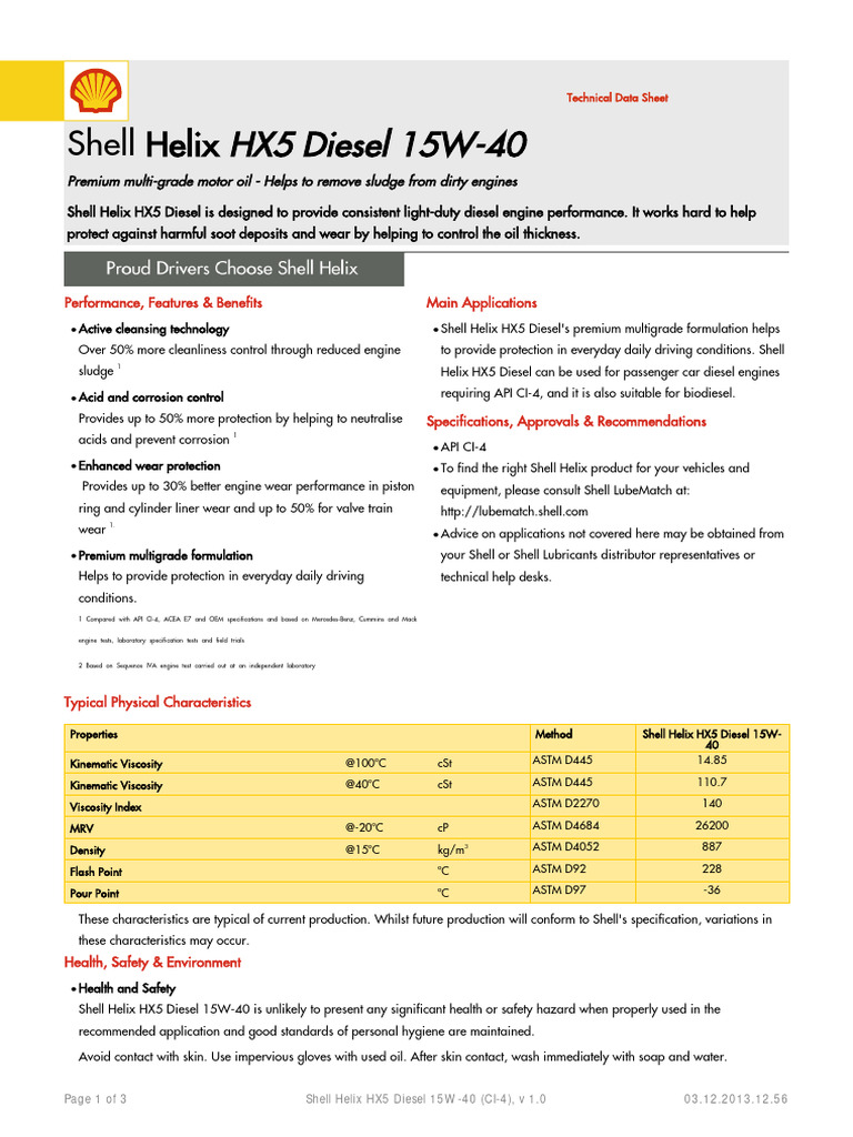 Shell_Helix_HX5_Diesel_15W-40_CI-4 | PDF | Mechanical Engineering | Physical Sciences