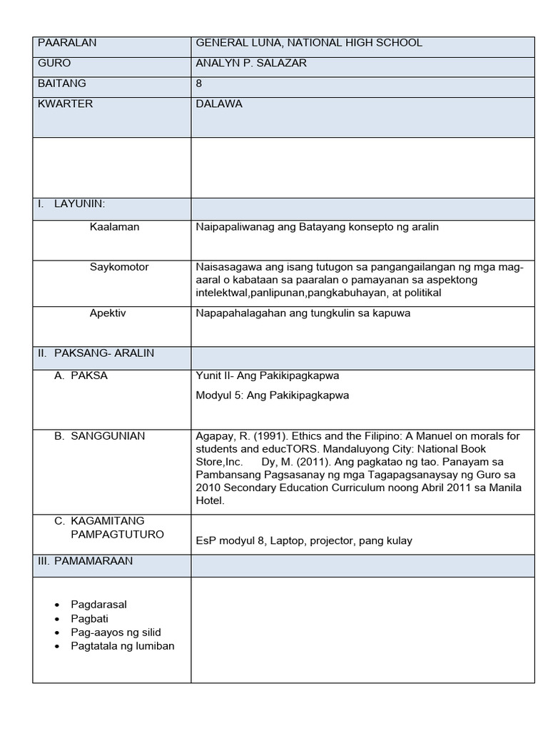 CO2 EsP8 Lesson-Plan Q1 Week1 | PDF