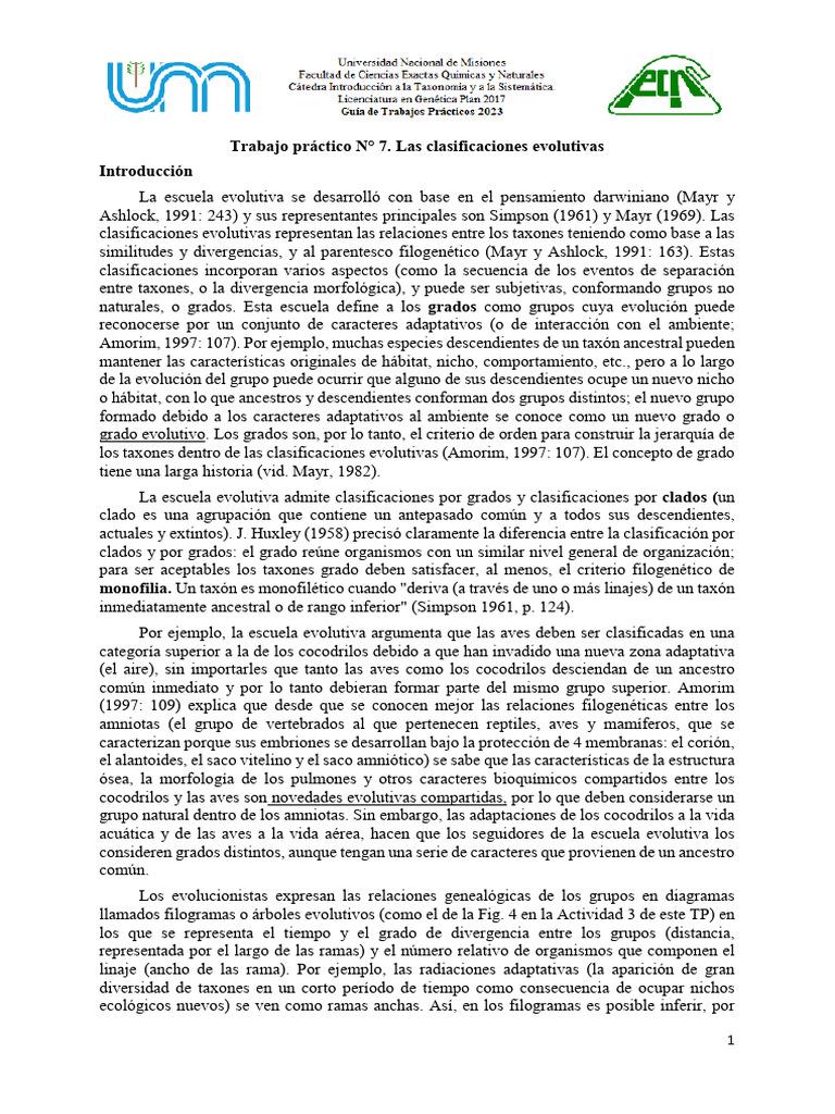 Guia TP 7 - Clasificaciones Evolutivas | PDF | Evolución | Clade