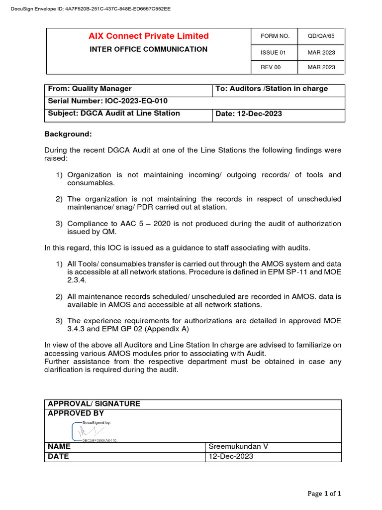 IOC-2023-EQ-010 DGCA Audit at Line Station, Issue 01 Rev 00 Dated 12-12 ...