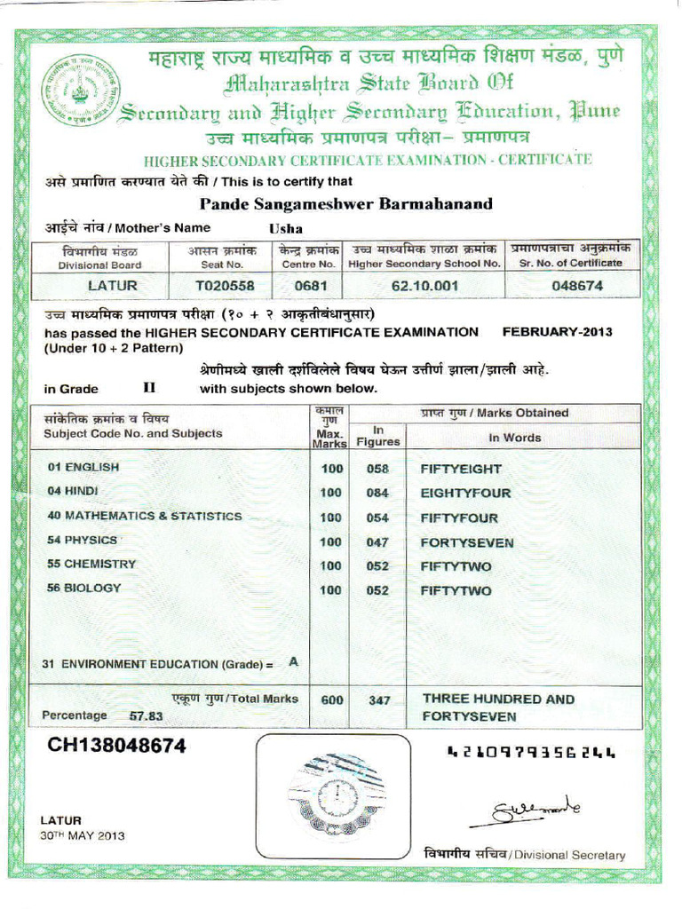 12 TH Marksheet | PDF