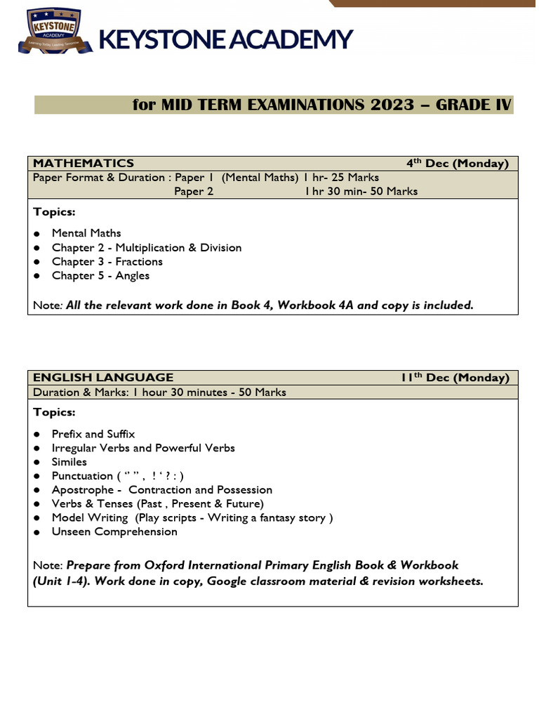 Grade IV Midterm Exam Syllabus 2023 | PDF | English Language | Language Families