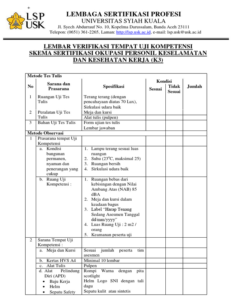 Verifikasi TUK Skema Sertifikasi Okupasi Personil K3 | PDF